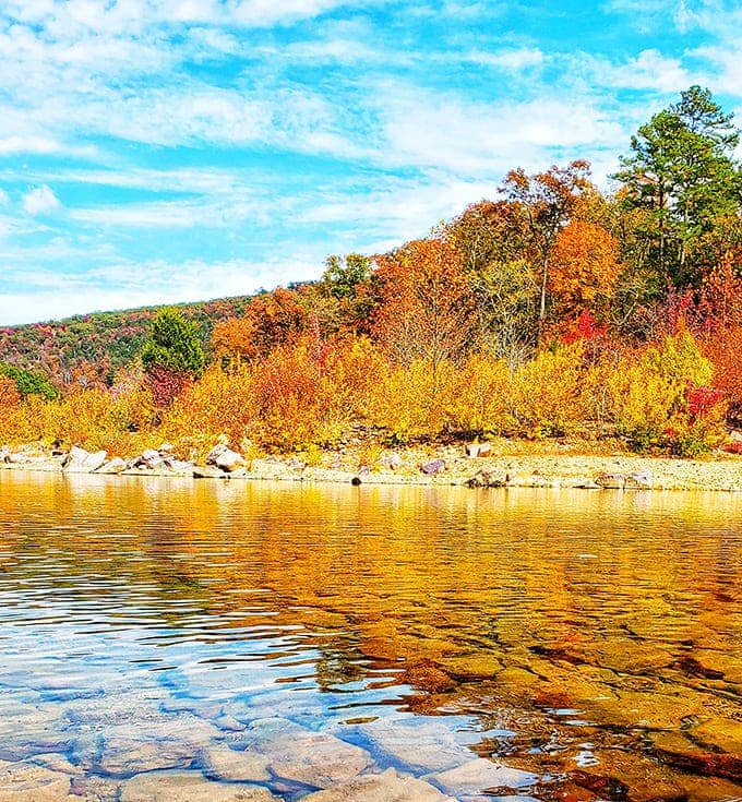 Autumn transforms the riverbanks into a painter's palette of warm hues, doubling the visual feast as colors reflect in the gentle waters.