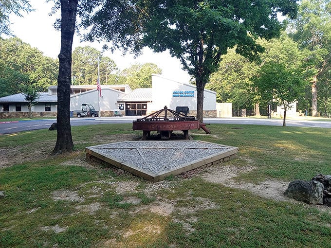 The visitor center welcomes diamond seekers with a mining cart display. Your adventure's starting line, where hope springs eternal.