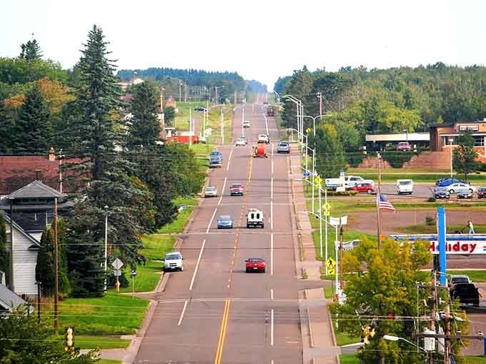 This main street stretches toward distant hills, inviting you to explore every shop and cafe along the way.