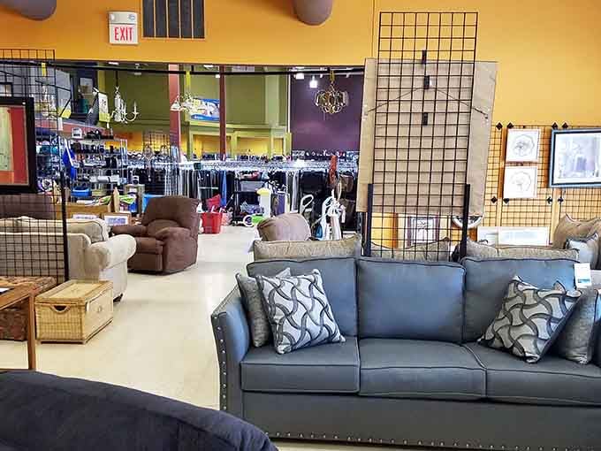 The furniture showroom sprawls with possibilities, from contemporary comfort to pieces begging for your DIY magic touch.