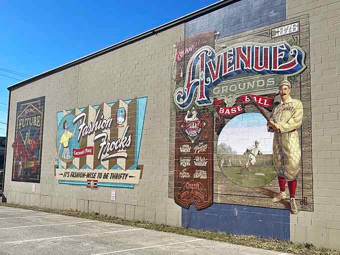 Hand-painted murals outside celebrate Cincinnati's baseball heritage, connecting the museum to its community's proud sporting history and traditions.