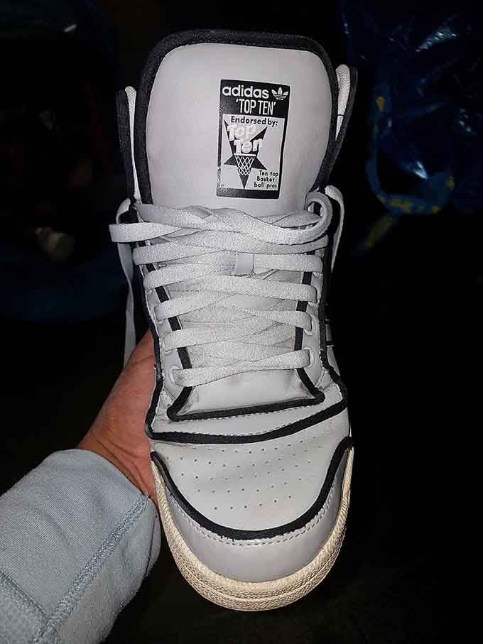 Classic Adidas high-tops in pristine condition, the kind of score that makes you want to check every single bin.