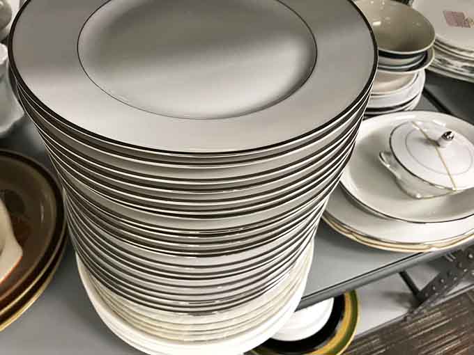 Stacks of pristine plates await their next dinner party, proving everyday elegance doesn't require breaking the bank.