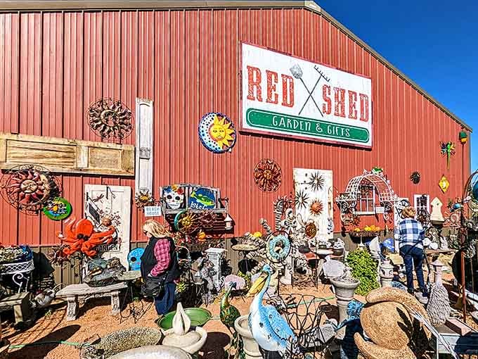 Red Shed Garden & Gifts explodes with colorful treasures, turning shopping into a delightful scavenger hunt for the perfect find.