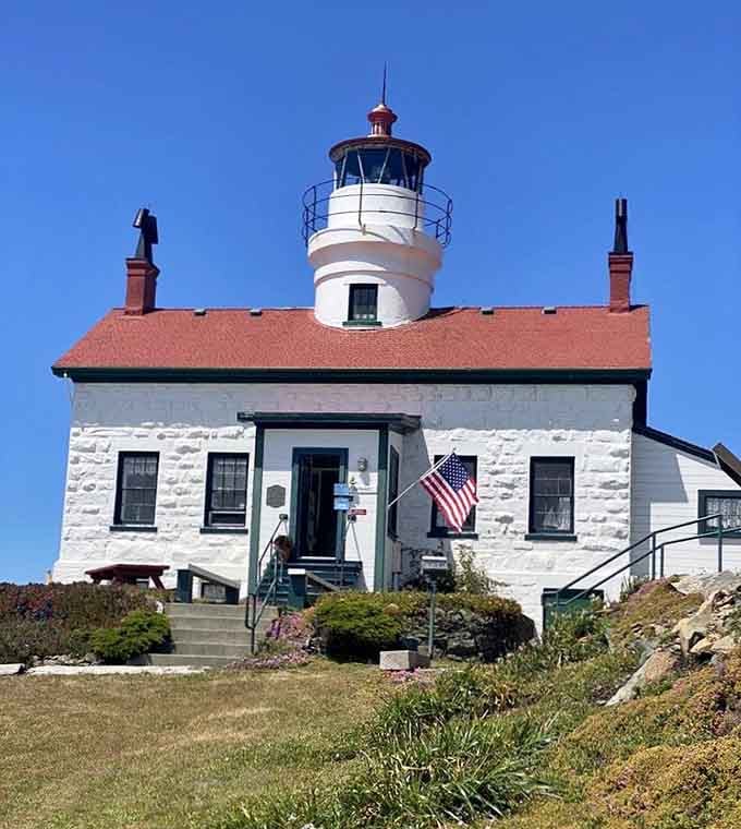 The front entrance welcomes visitors who successfully navigated the twice-daily window when the ocean takes its break.