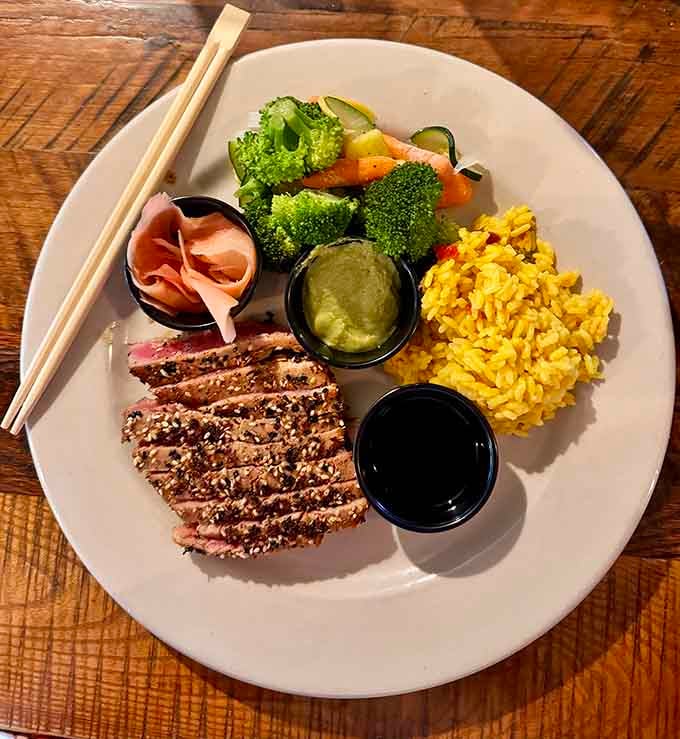 Sushi-grade ahi tuna with sesame seeds brings Pacific sophistication right to the shores of Bear Lake without any pretension.