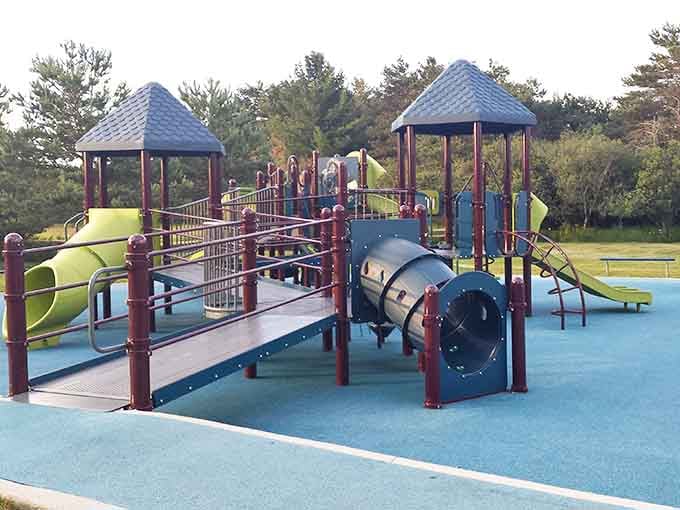 Besse Park's playground equipment stands ready for childhood adventures, those magical moments before screen time became the default entertainment option.