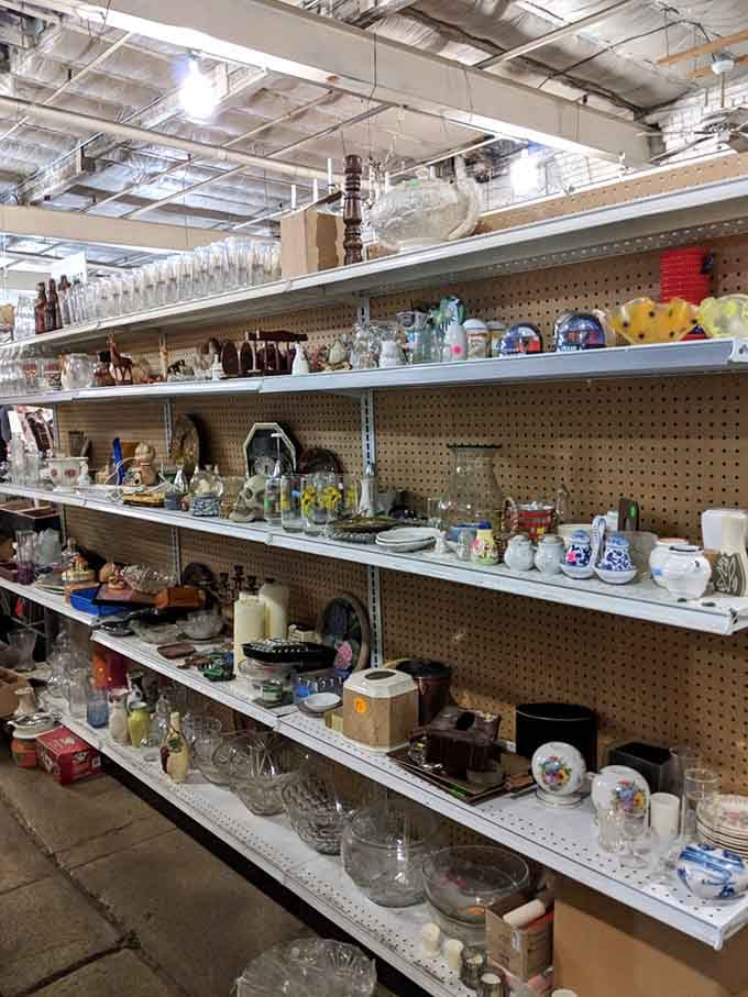 Glassware and tchotchkes line the shelves like a museum of everyday Americana, each piece awaiting its starring role in your home.