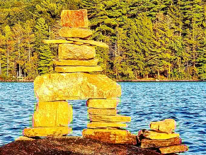 Someone's been practicing their zen rock balancing, turning boulders into impromptu lakeside art installations.
