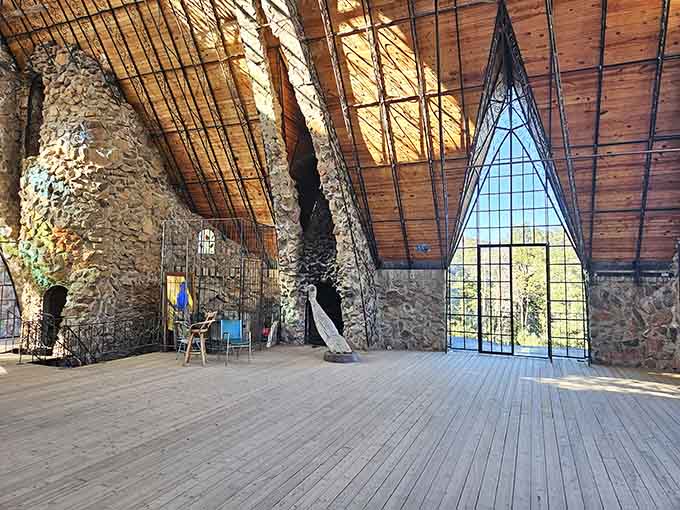 Another angle reveals how stone, wood, and glass combine into something that shouldn't exist but gloriously does.