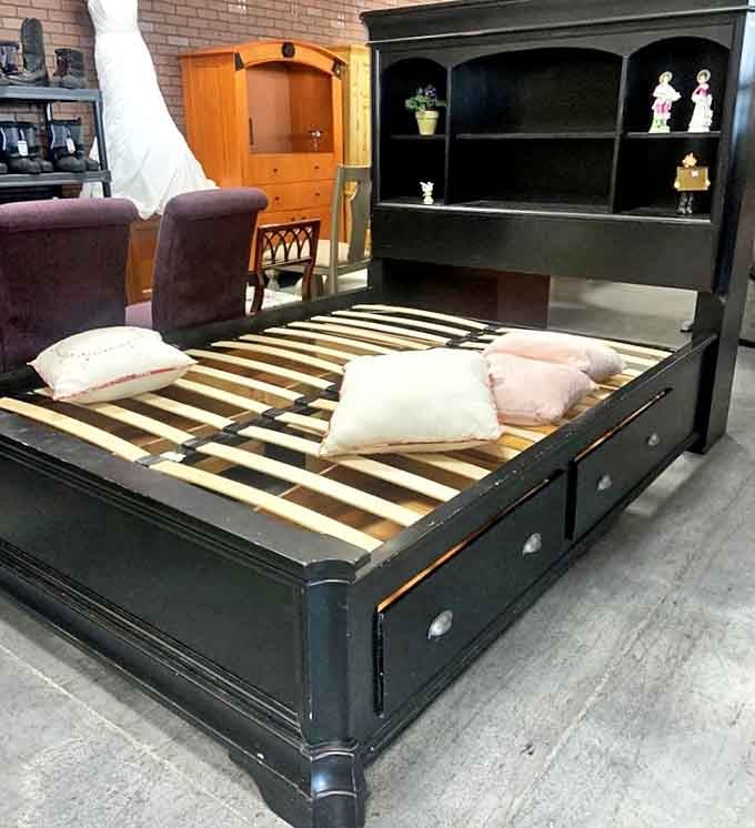 Bedroom furniture that's built to last. This substantial bed frame with built-in storage offers both function and style for less than a night out.