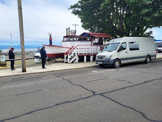 The Columbia River backdrop reminds you this boat once caught the fish it now serves perfectly.