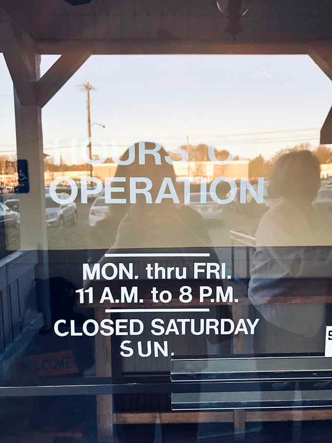 Business hours posted clearly&mdash;because knowing when you can get your next meat-and-three fix is essential information for survival.