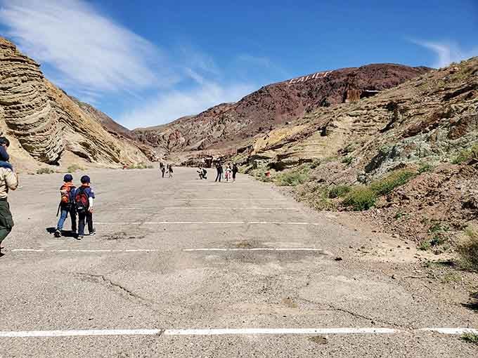 Even the parking area offers stunning views of the desert landscape surrounding this historical gem.