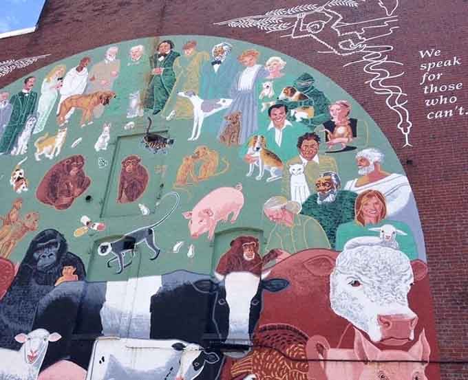 This whimsical exterior mural celebrates the diversity of life, speaking for those who can't speak for themselves.