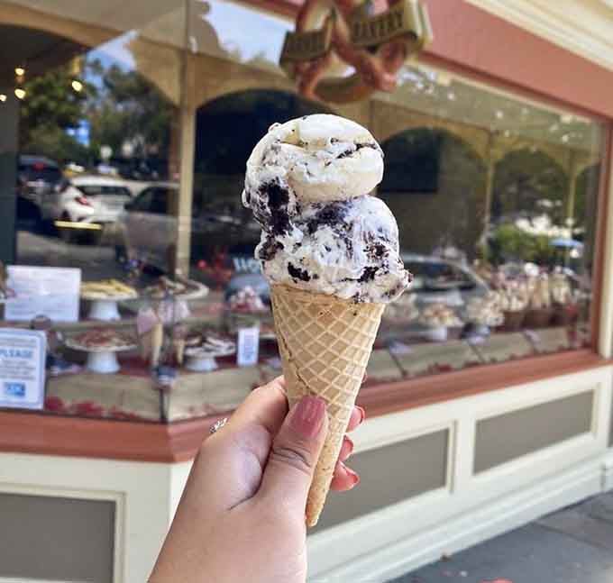 Cookies and cream gelato in a cone, proving that some childhood favorites only get better with age.