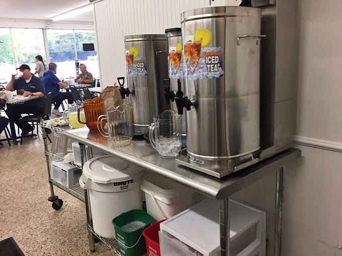 Sweet tea and regular tea standing ready, because in the South, beverage choices are serious business indeed.