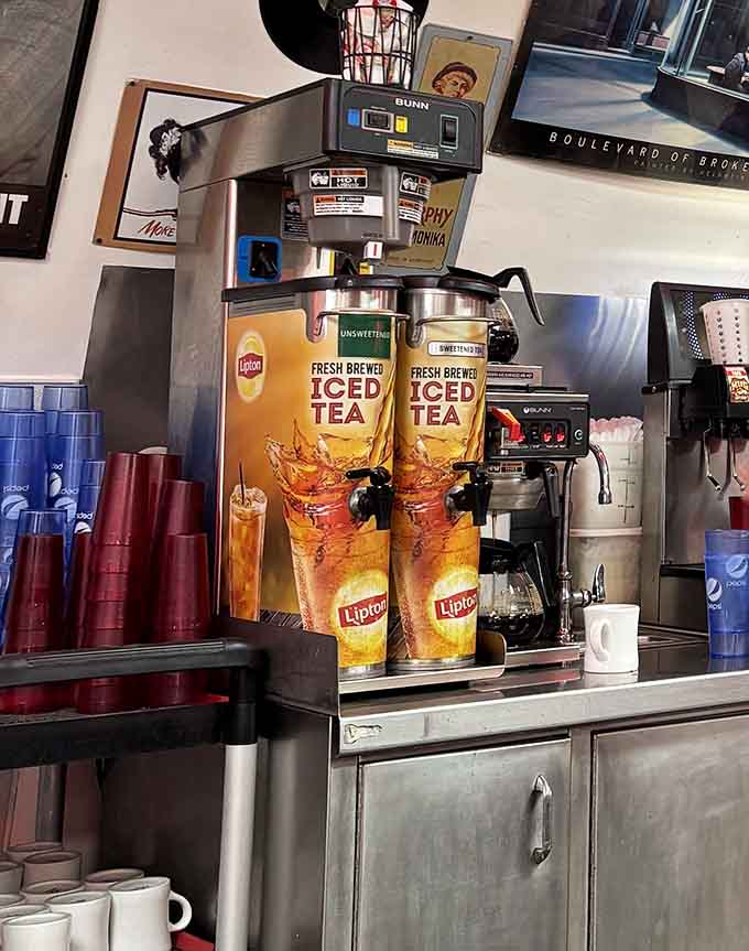 The beverage station stands ready with fresh iced tea, coffee, and all the refills your heart could possibly desire.
