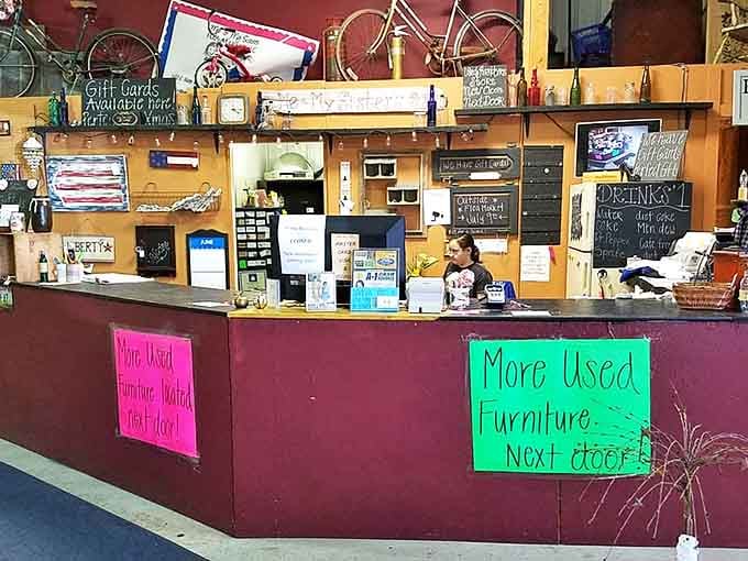 Command central, where treasures are tallied and transactions completed. Those neon signs hint at even more discoveries next door.