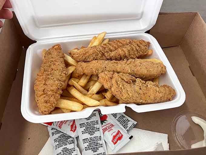 Chicken strips that actually deserve the name&mdash;real breast meat in a crunchy coating that puts fast food chains to shame.