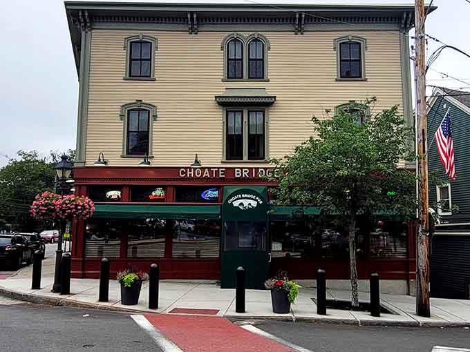 The historic building's exterior, complete with hanging flower baskets, promises the kind of authentic experience you've been craving all along.