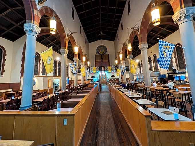 Long wooden tables and soaring ceilings create the perfect setting for breaking bread and sharing stories over cold beer.