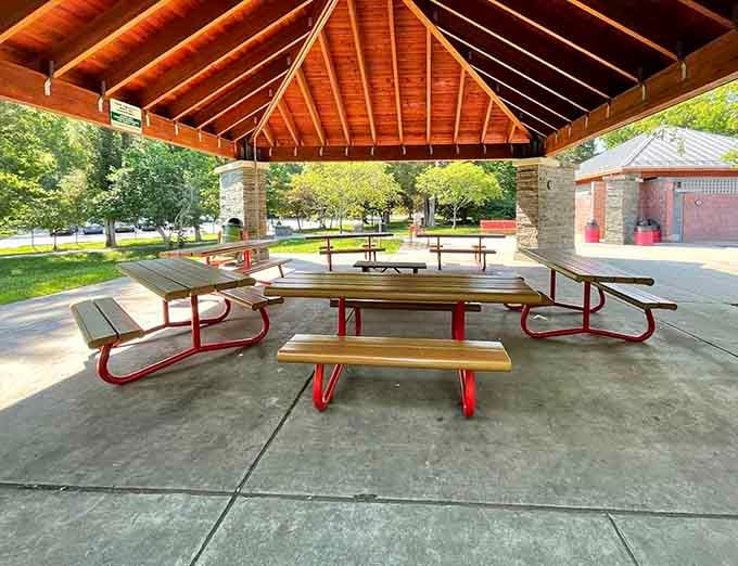 Covered pavilions mean your picnic plans won't get derailed by weather, keeping everyone comfortable and content all day.