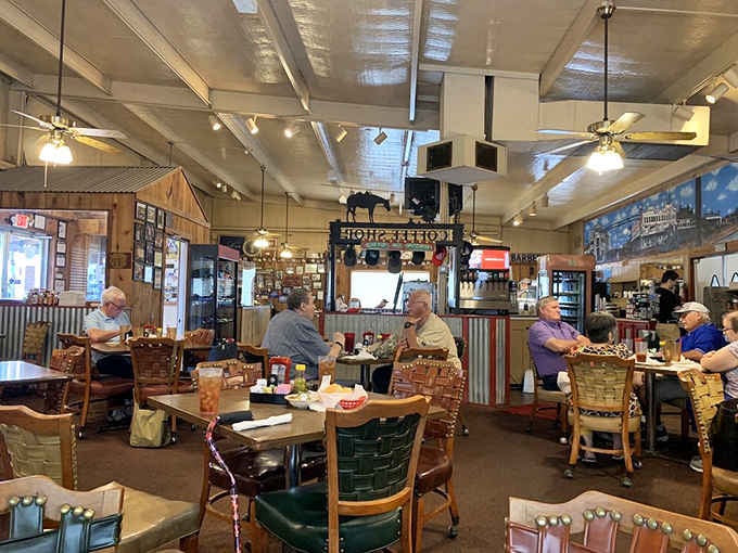 The dining room buzzes with conversation and community, where strangers become neighbors over coffee and good food.