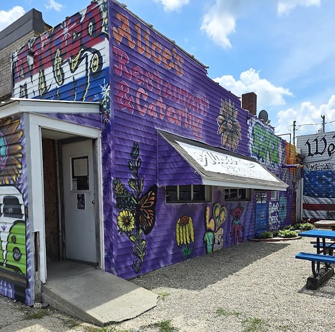 Alice's Restaurant wears its colorful murals like a proud badge of local artistic honor and community spirit.