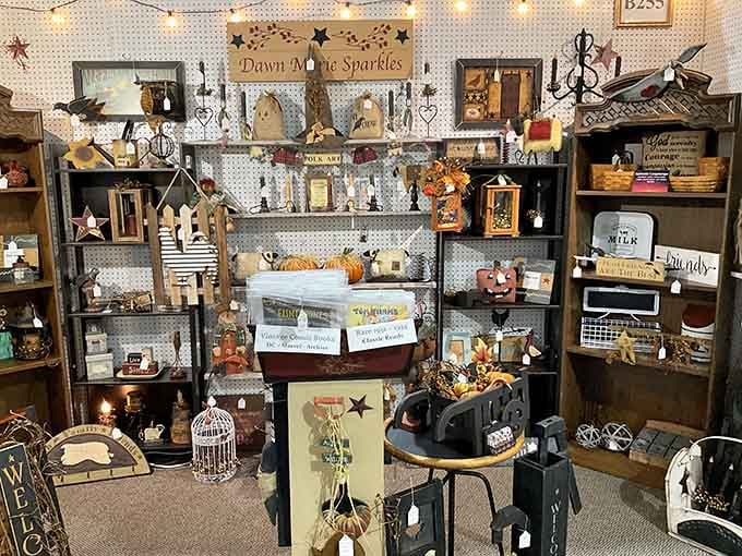 Rustic home decor fills this booth with farmhouse charm, proving everything old becomes trendy again eventually, thankfully.