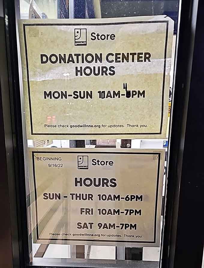 Store hours posted clearly—because knowing when to hunt is half the battle in the competitive sport of thrifting.
