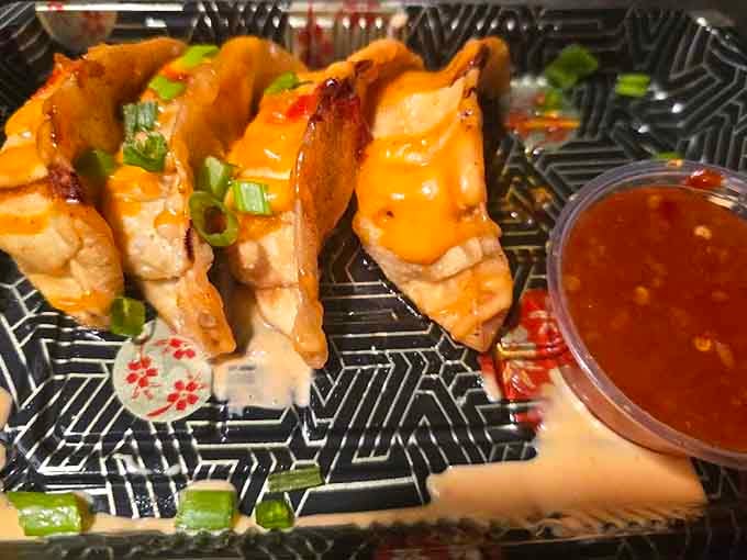 Pan-fried gyoza with that perfect crispy bottom, drizzled with sauce, these dumplings know exactly what they're doing here.