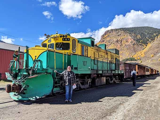 This turquoise and yellow beauty proves that locomotives can absolutely pull off bold color choices.