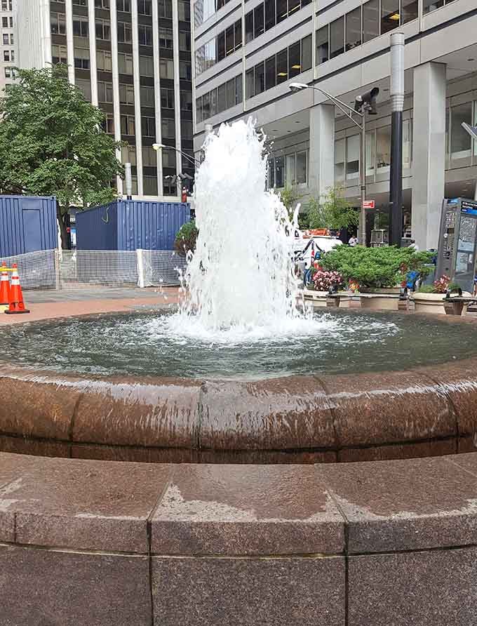The plaza fountain below marks your starting point before ascending to the green space waiting above it.