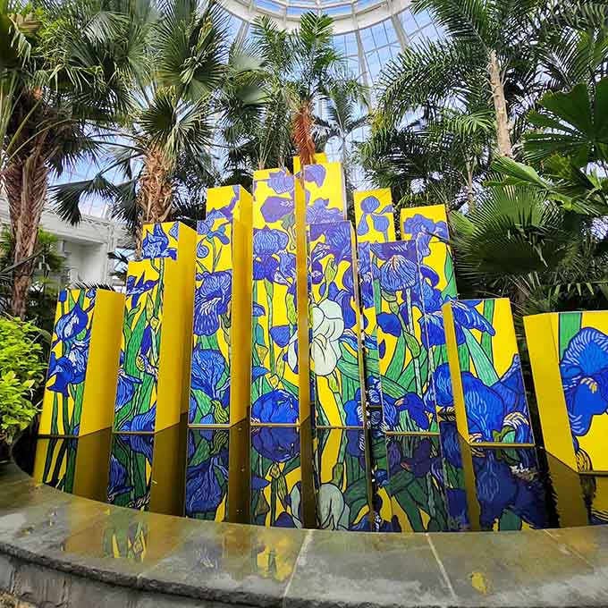 Bold artistic installations bringing Van Gogh vibes to the conservatory with irises in brilliant hues.