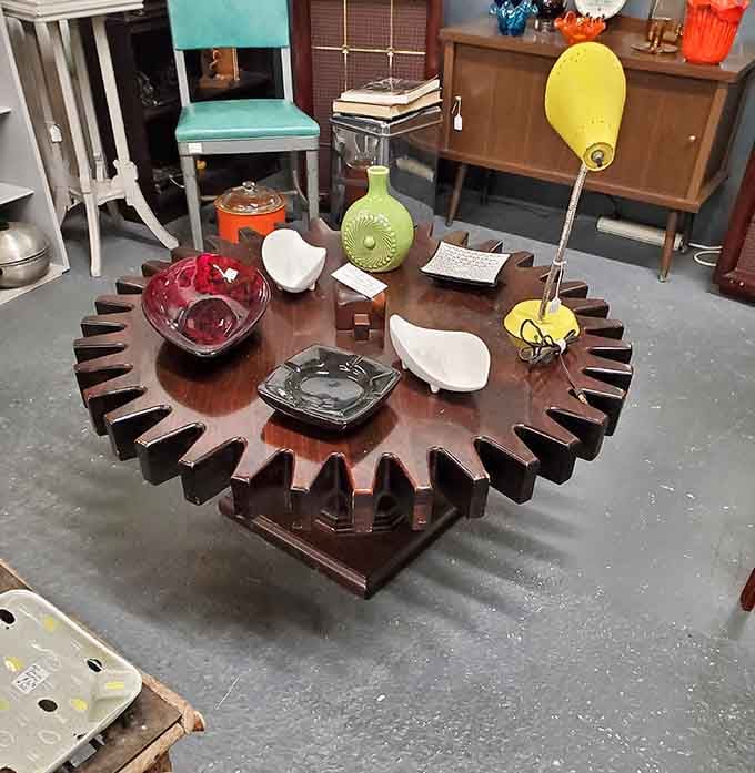 That sunburst coffee table is pure atomic age design, when furniture looked like it belonged in a space-age bachelor pad.