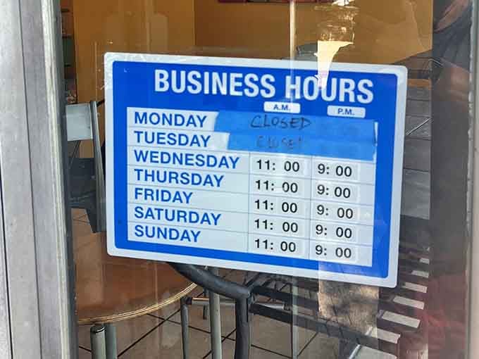 Closed Mondays and Tuesdays means the staff gets a break and you get consistently good food the rest of the week, which seems fair.