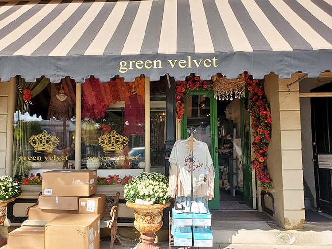 Green Velvet's striped awning and flower-filled entrance prove that shopping for gifts should feel like stepping into a storybook illustration.