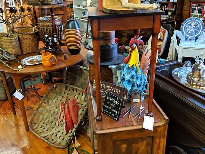 Colorful roosters and tobacco baskets create vignettes that help you envision these treasures in your home.