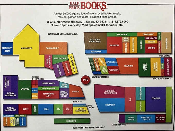 This colorful store map proves you'll need a strategy to navigate nearly 60,000 square feet of literary treasure.