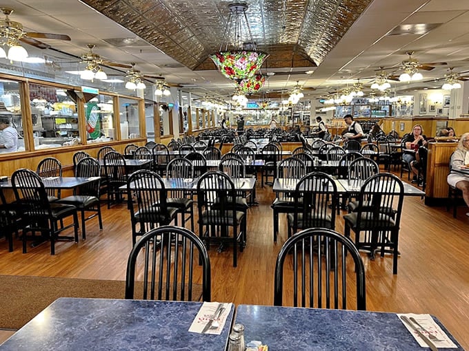 Spacious dining room with plenty of seating for contemplating your delicious life choices ahead.