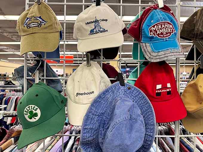 Hat rack heaven! From Boston sports pride to vacation souvenirs, each cap tells a story of places visited and loyalties declared.