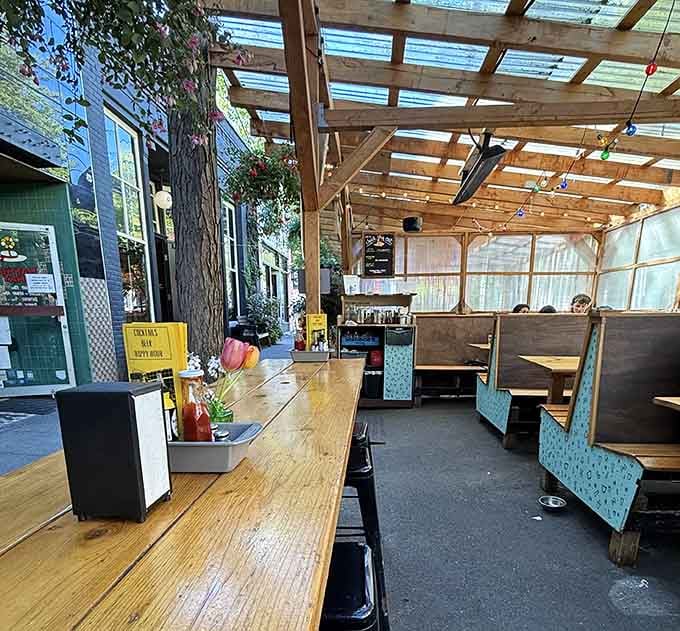 The outdoor patio extends the dining space under open sky, perfect for Seattle's occasional sunny breakfast mornings.