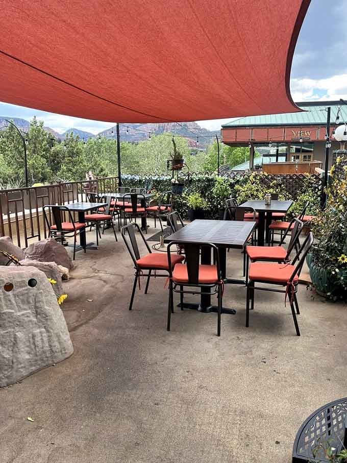 Shade sails and mountain views turn ordinary patio dining into an experience worth driving across town to enjoy.