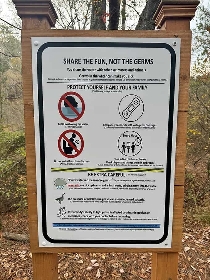 Even paradise has rules, and this sign ensures everyone stays safe while enjoying the creek's refreshing waters responsibly.