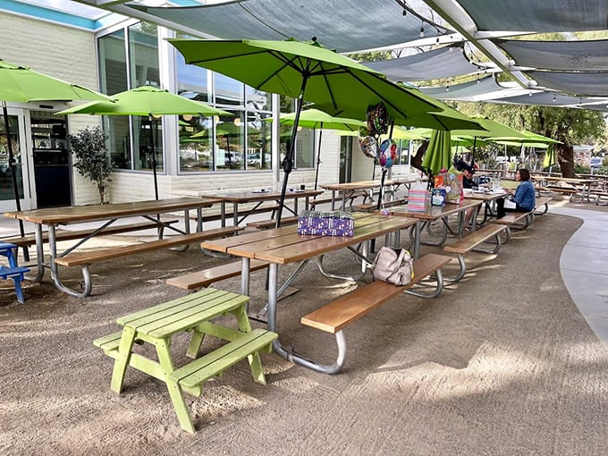 Shaded outdoor seating where you can enjoy your meal without melting, a true Arizona luxury experience.