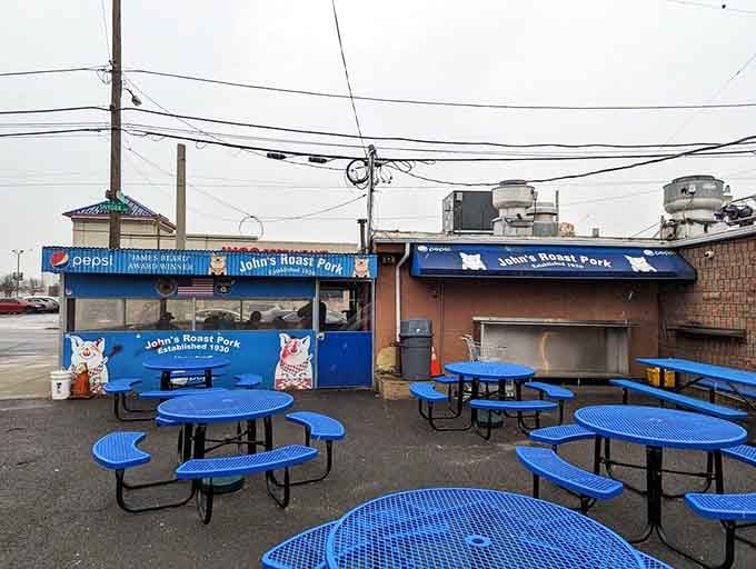 Blue picnic tables under an open shelter, because sometimes the best dining room is fresh air.
