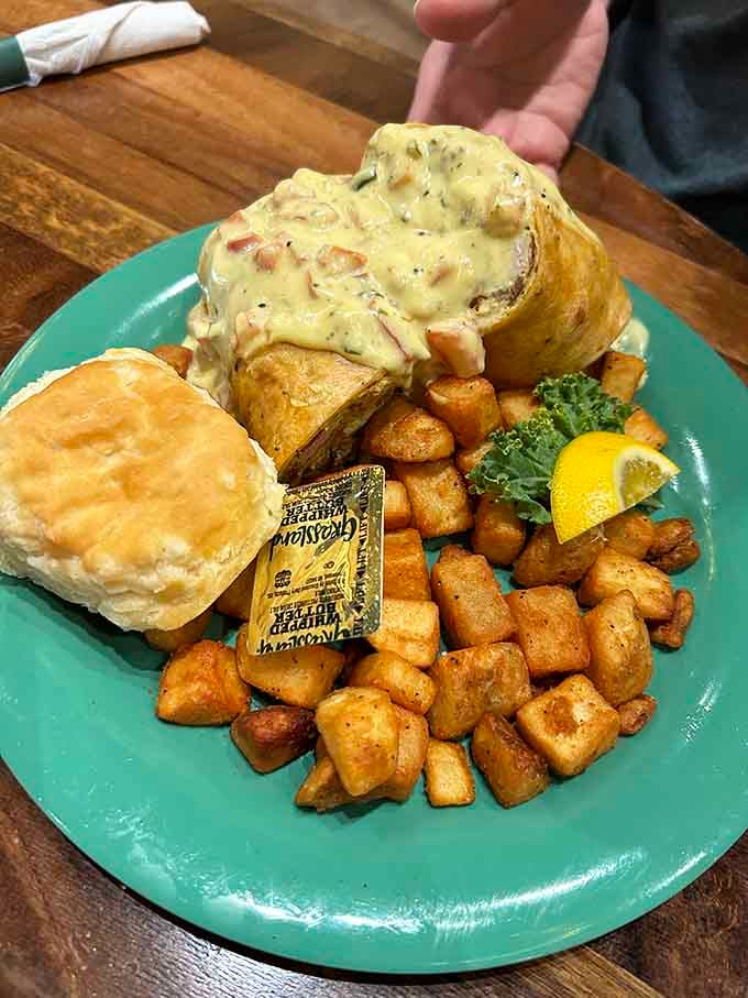 The breakfast burrito comes generously portioned and smothered in gravy, because sometimes more really is more delicious.