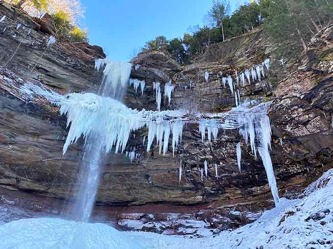 Winter's grip turns the entire waterfall into a crystalline ice palace worthy of any fairy tale.