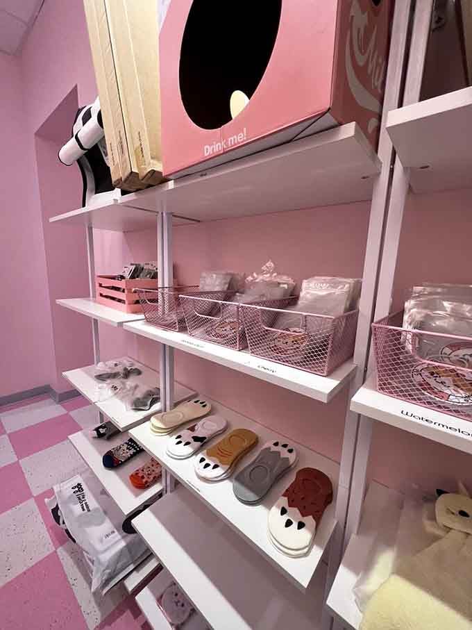 Cat-themed slippers and accessories line the shelves for those who want to take the obsession home with them.